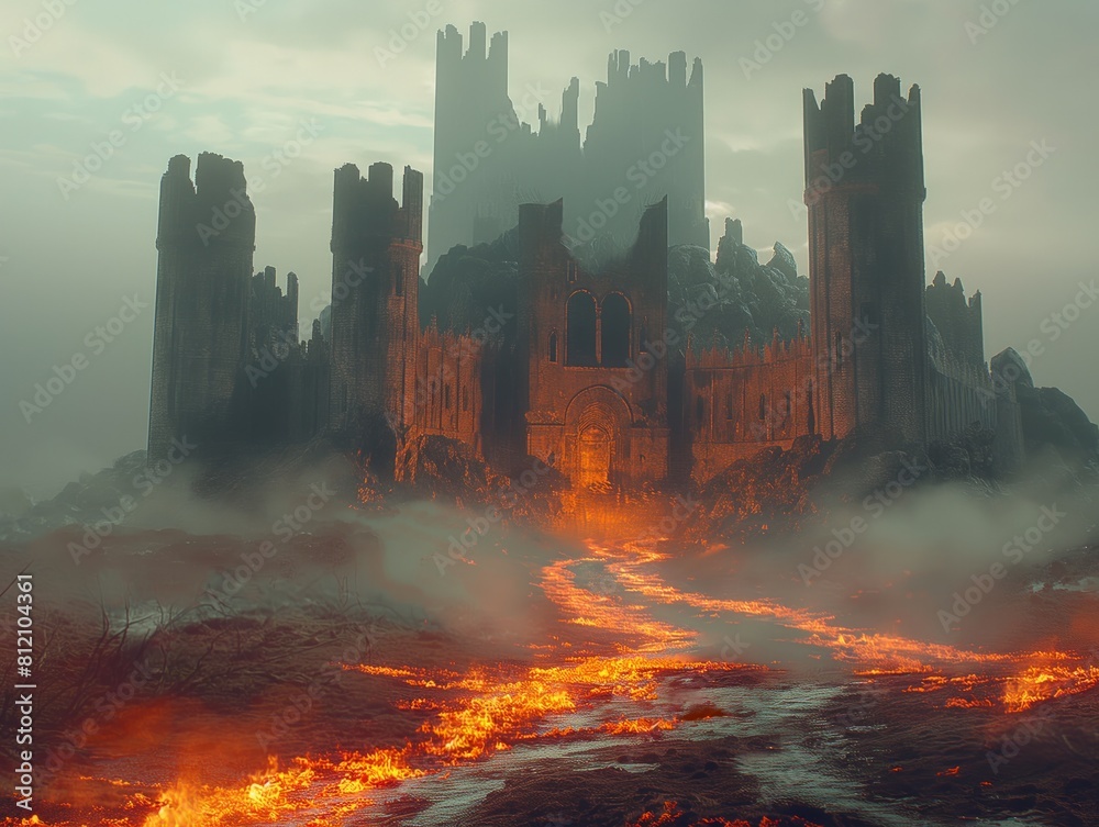 A castle with a large fire pit in front of it. The castle is old and ...