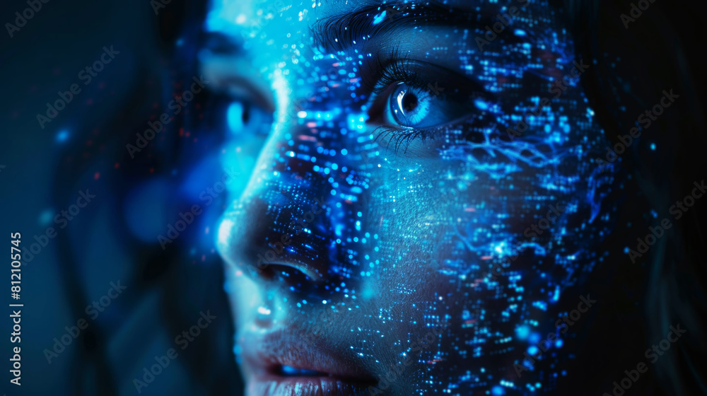 Girl, future technology and hud on face for ai, machine learning or sci ...
