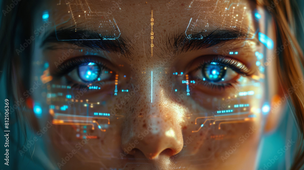 Woman, futuristic and technology to scan face for security, hud and ai ...