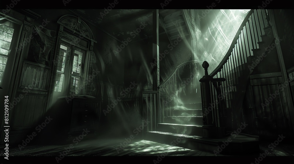 Capture the eerie suspense of a haunted house with a sinister side view ...