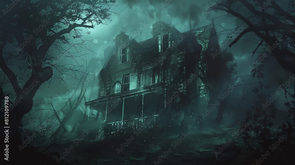 Capture the eerie suspense of a haunted house with a sinister side view ...