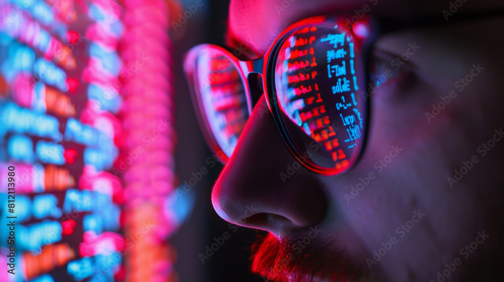 Man Programmer And Glasses With Reflection Of Coding Script And Html