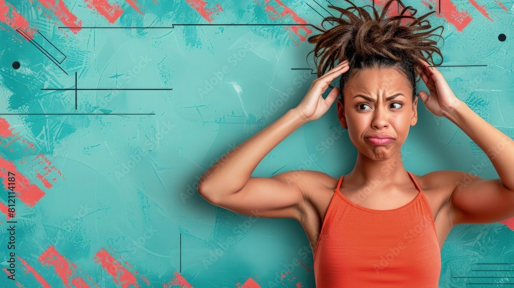 An African American woman clutching her hair with both hands. Her ...