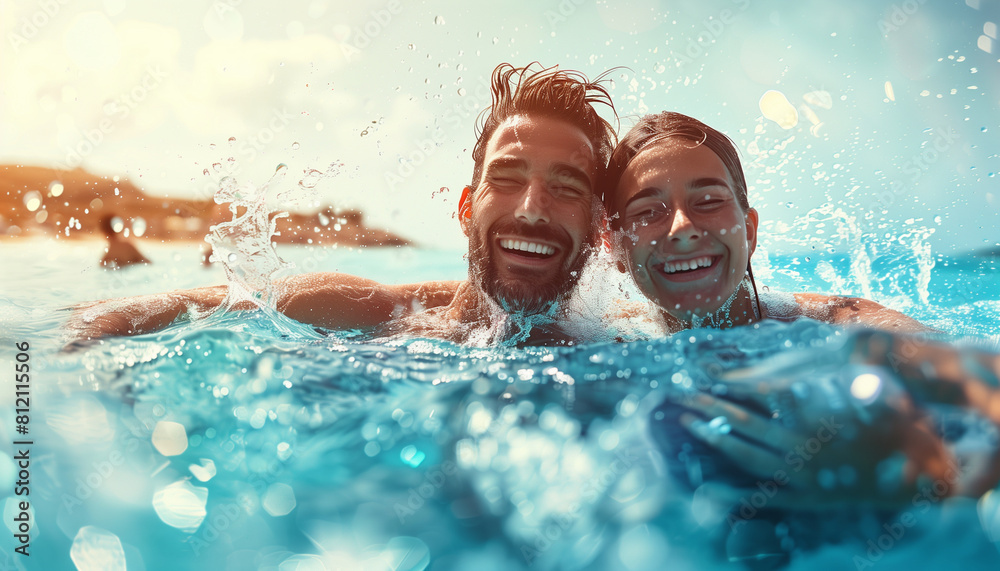 featuring a couple swimming close together in the ocean, with playful ...