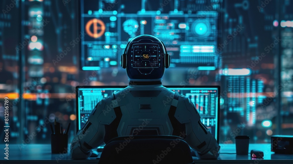 Astronaut in futuristic spacesuit sitting in chair in front of computer ...