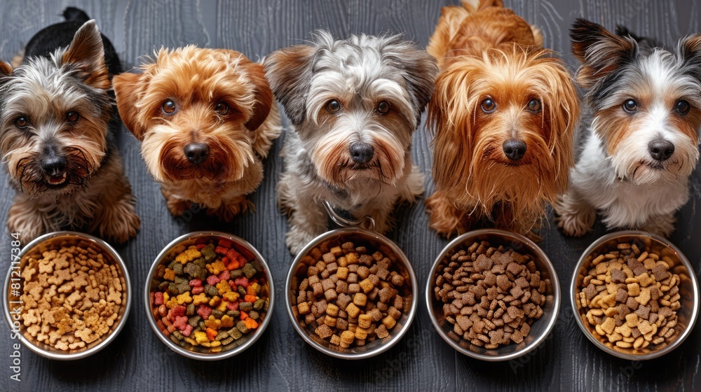 A lineup of dogs small breeds, each with a bowl of food, showcasing ...
