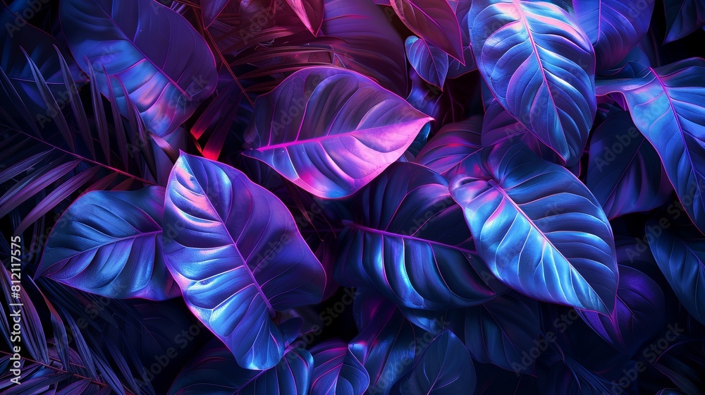 Glowing neon leaves of tropical plants. Futuristic neon jungle. Glowing ...