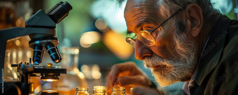 Fascinated scientist viewing a rare gem under a microscope, captivated ...