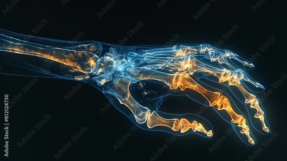 An x-ray of a hand with the bones highlighted in a blue and orange ...