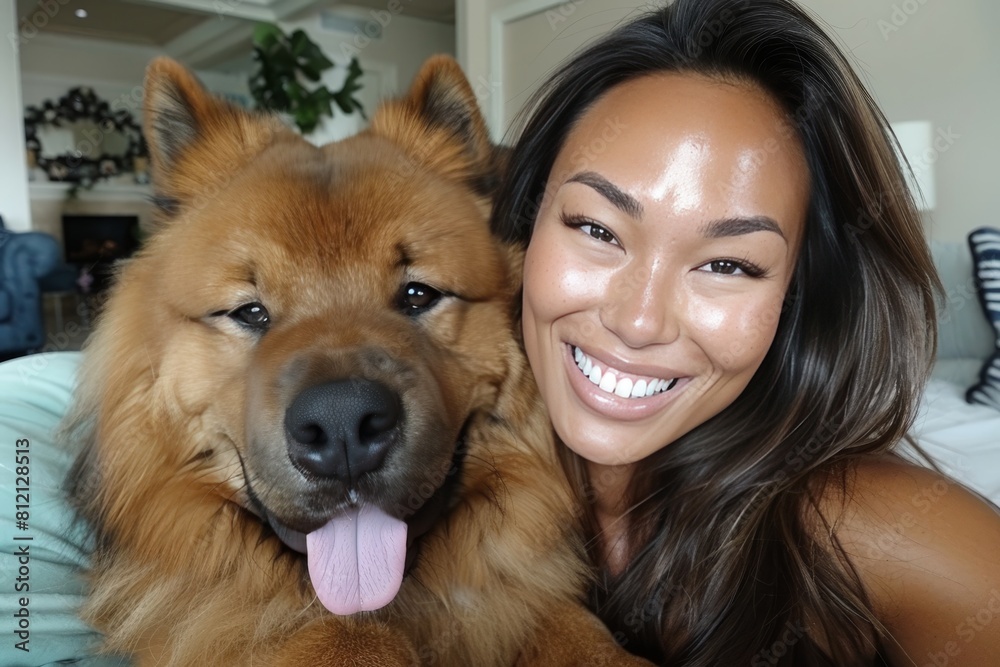 Cheerful transgender man capturing a special moment with a large dog in ...