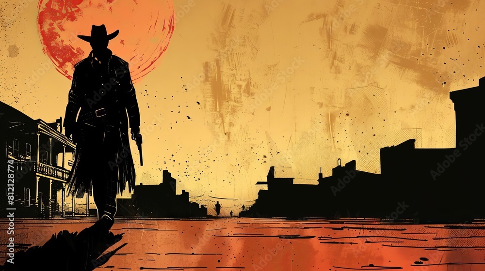 wild west cowboy ready for gunfight duel in empty town western movie ...