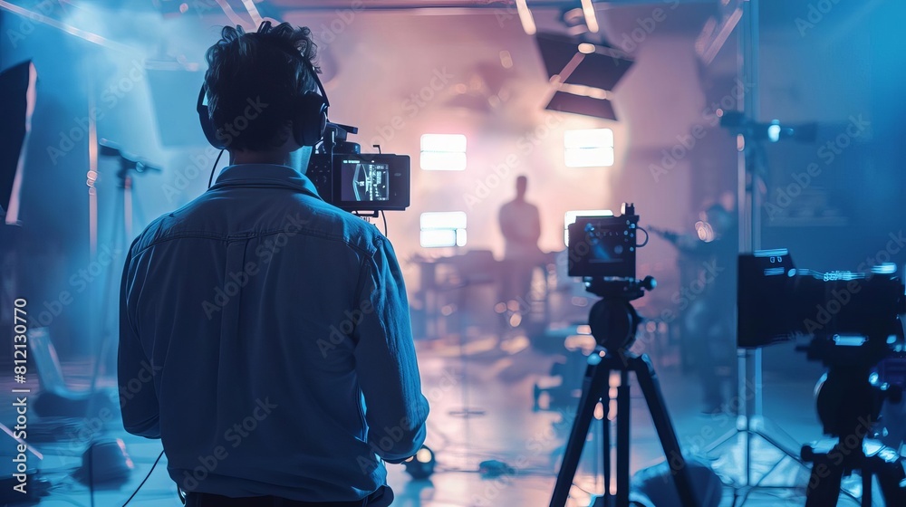 professional male film director directing movie scene in hightech ...