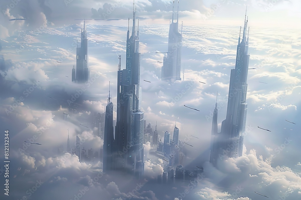 Design a series of concept art depicting skyscrapers floating above the ...