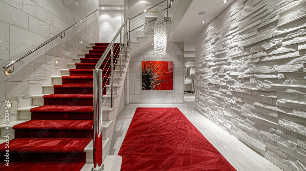 Contemporary foyer in a luxury house with crimson red carpeted stairs ...