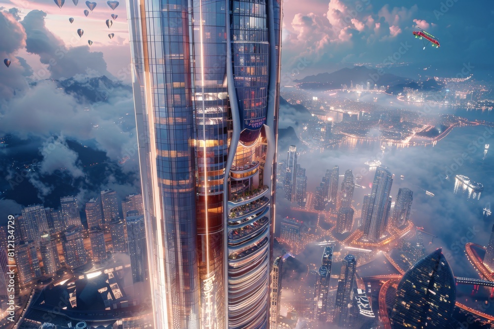 Develop a concept for a skyscraper that serves as a vertical theme park ...