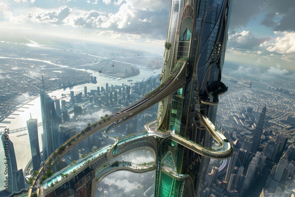 Develop a concept for a skyscraper that serves as a vertical theme park ...