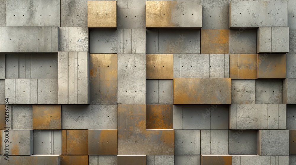 Various bronze blocks protrude from a patterned concrete wall ...