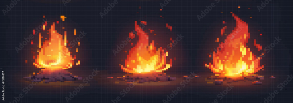 Pixel art fire. Red explosion and bonfire, burning campfire with flame ...