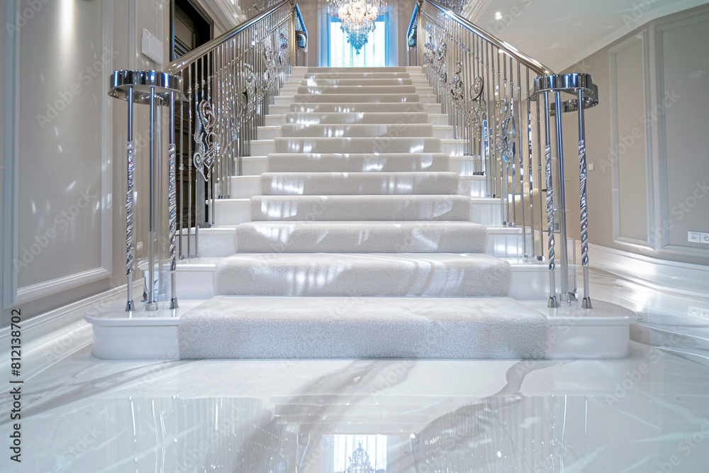 Luxury home foyer with opal white carpeted stairs bordered by a silver ...