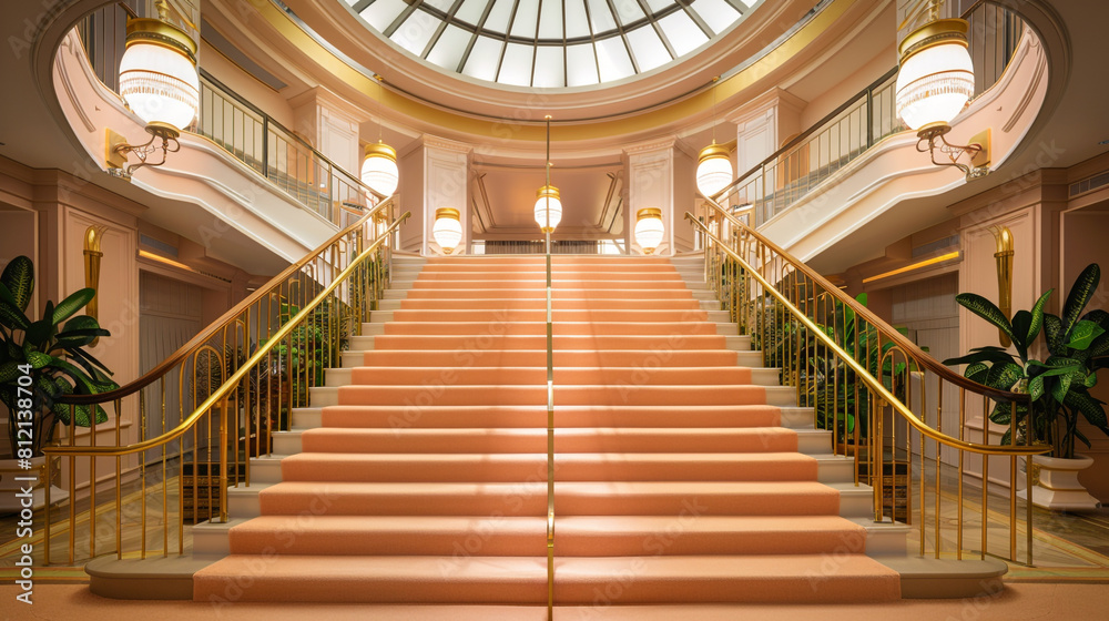 Luxury home foyer featuring soft peach carpeted stairs with brass ...