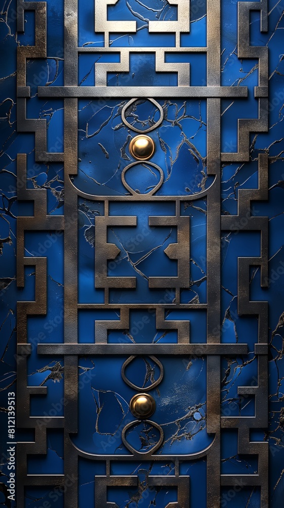 Blue wall with intricate Greek Fretwork design in stainless steel ...