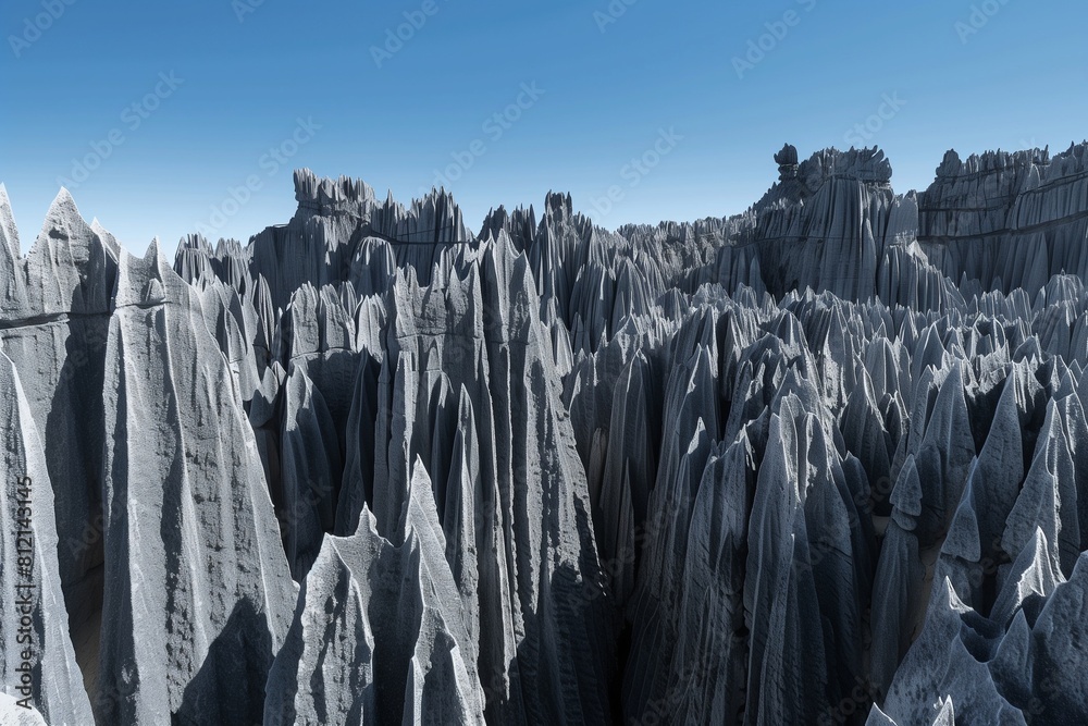 Tsingy de Bemaraha. Grey stones sharp as needles with blue sky in the ...