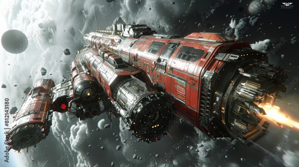 The spaceship is flying in the asteroid belt. The spaceship is red and ...