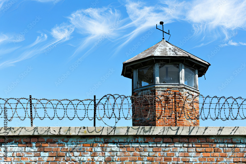 Historic brick prison wall showing guard tower and coiled barbed wire ...