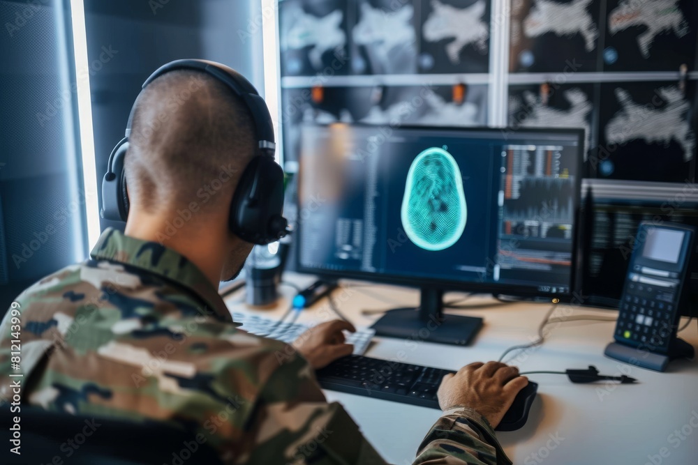 Top secret Army soldier using computer for identification blue digital ...