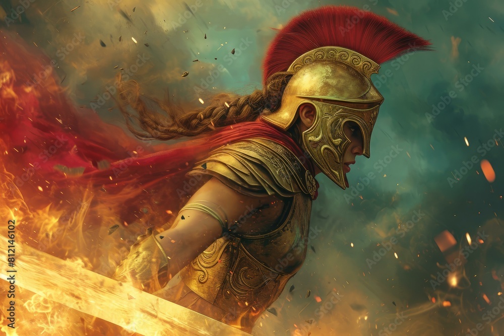 Fiery spartan warrior in ancient battle - digital artwork illustration ...