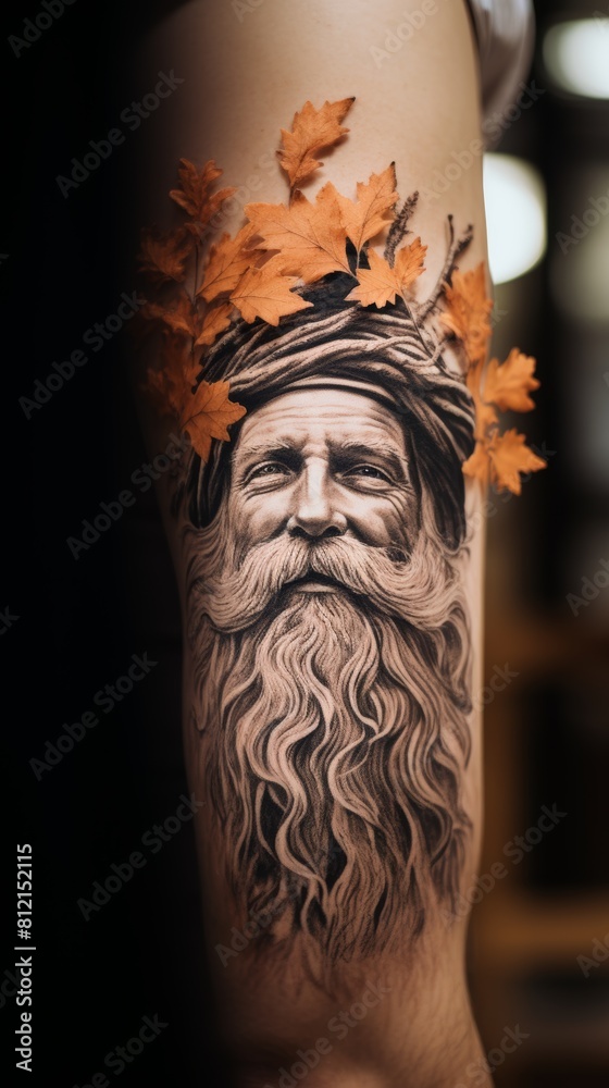 Tattoo on the arm with a man's face close-up, realistic drawing on the ...