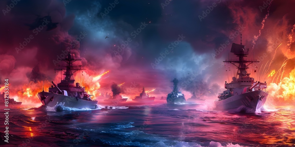 Military ships jets tanks and artillery engage in explosive battles ...