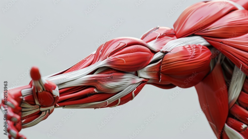 The image shows a detailed view of the human muscular system, with the ...