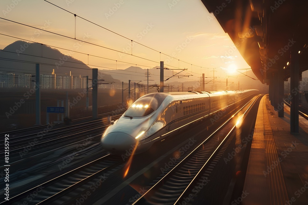 The sleek silver bullet train speeds through the station, its gleaming ...