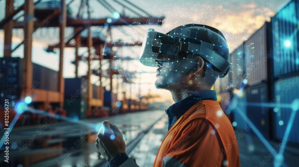 Metaverse Technology. Manager engineer use VR virtual reality goggle ...