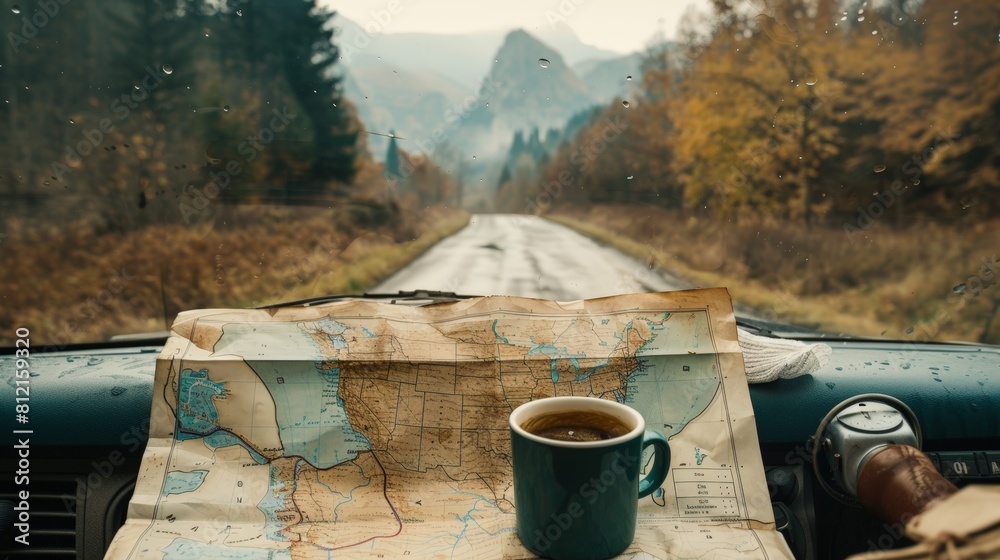 The feeling of a road trip journey depicted by a map with a marked ...