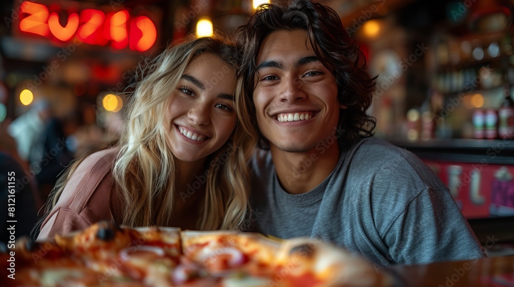 young filipino hispanic gen-z friends, discussing over pizza, red ...