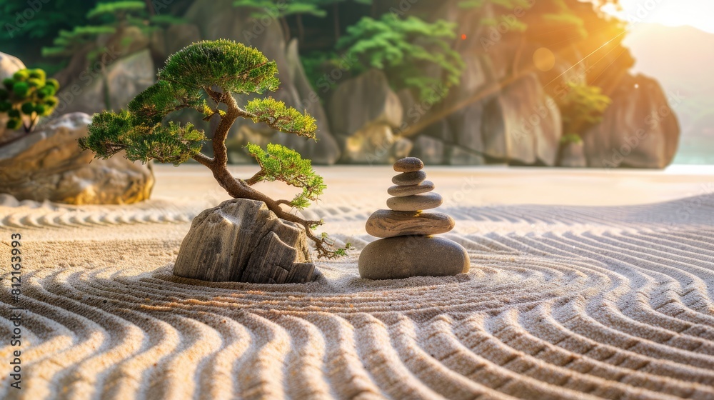 A Japanese Zen garden: A minimalist garden with raked sand, sculpted ...
