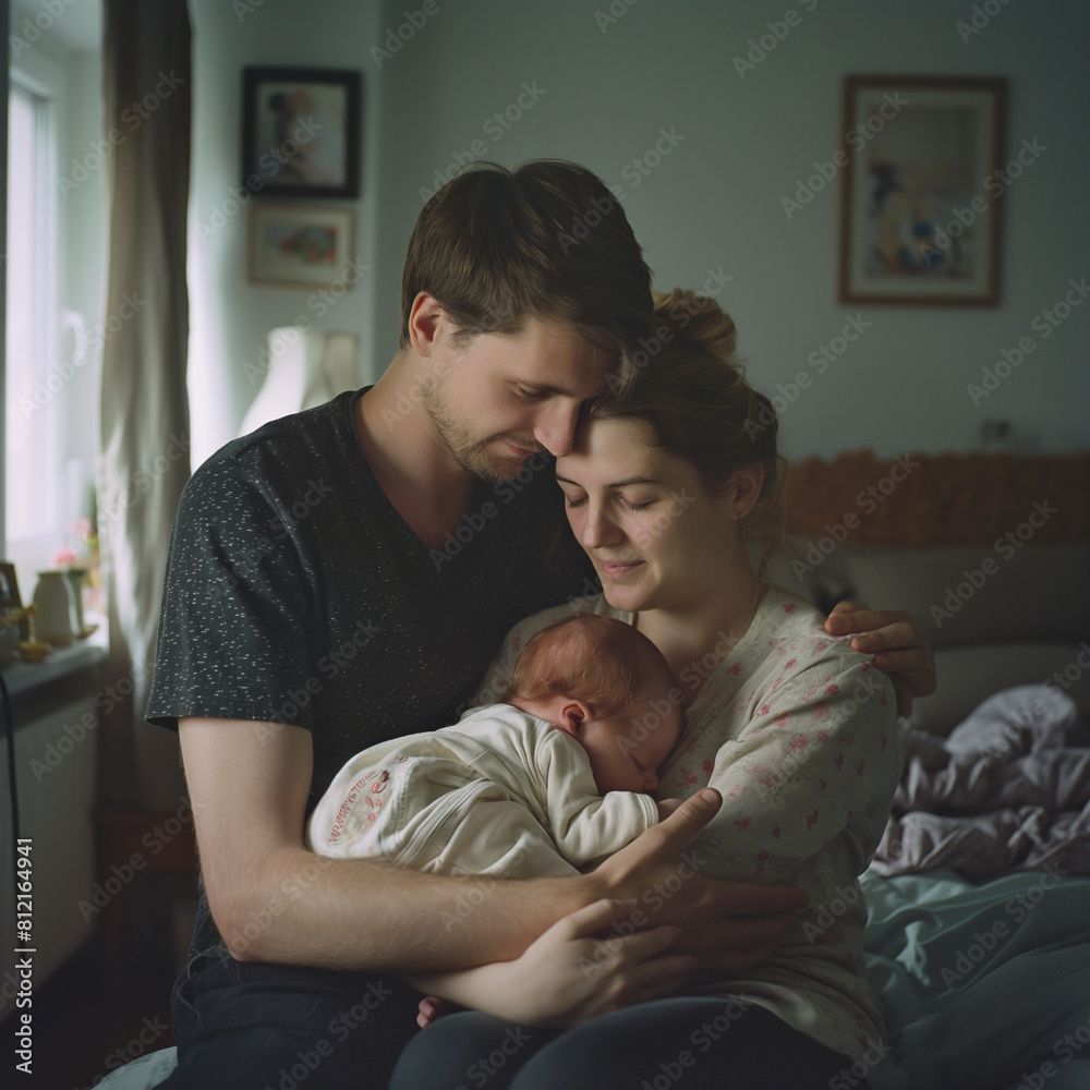 A tender moment between a young couple and their newborn in a cozy ...