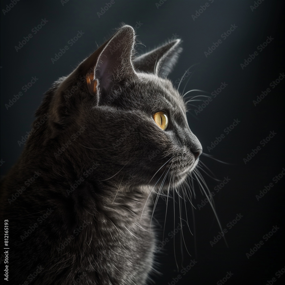 Majestic portrait of a grey Russian Blue cat with striking yellow eyes ...