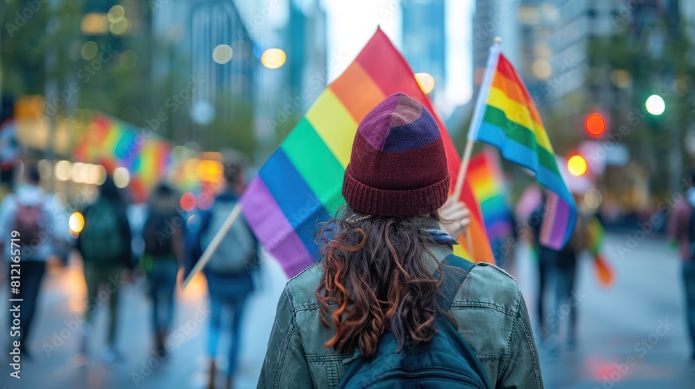 Rainbow Protest: Back View of People with LGBT and Trans Flags Marching ...