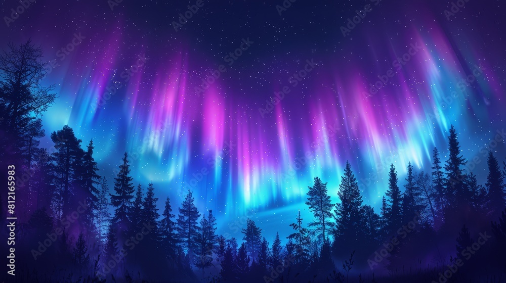 aurora borealis, forest, night sky, purple and blue lights ...