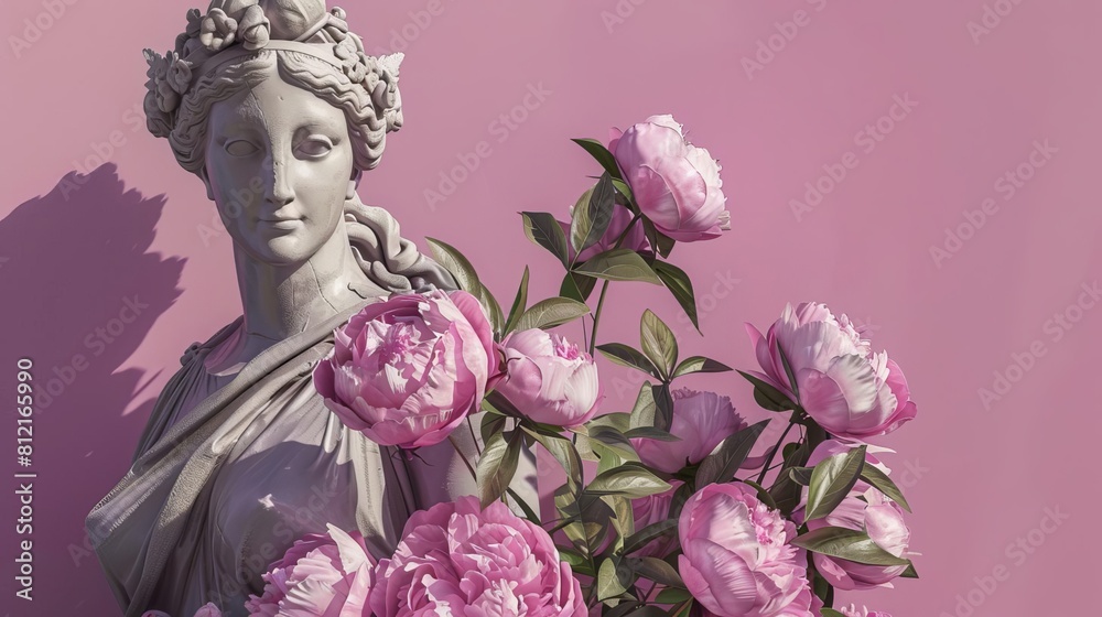 ancient greek goddess statue with pink peonies bouquet feminine beauty ...