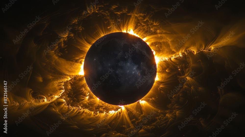 Black background, solar eclipse, flames on the edges of the sun The ...
