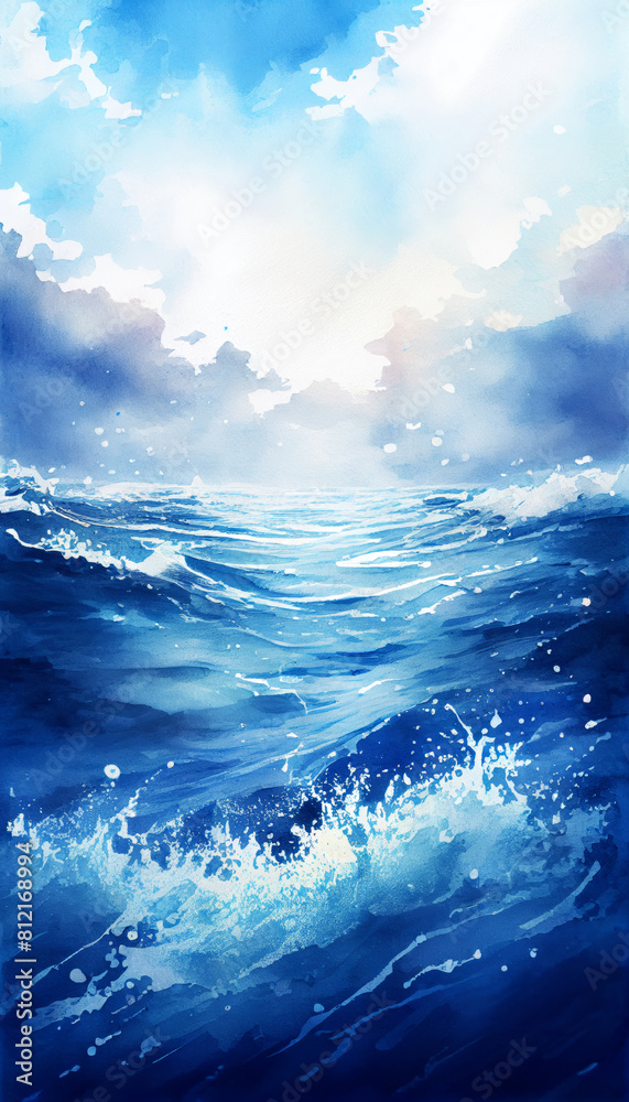 watercolor an ocean waves and splash water, textured blue paint splash ...