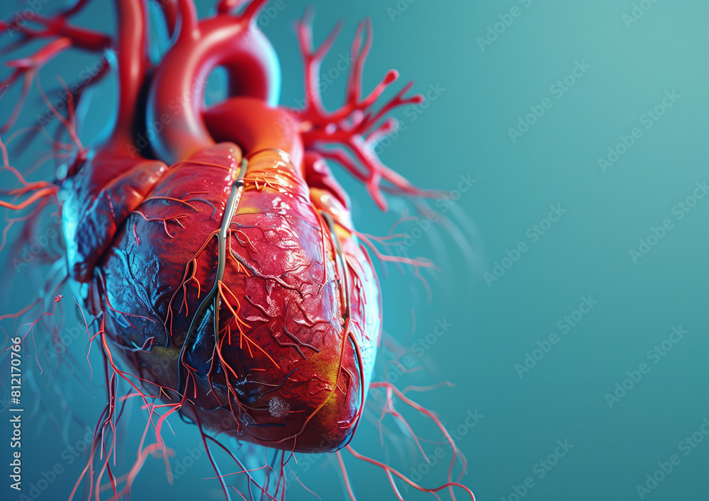 On a blue background there is a stylized human heart with veins ...