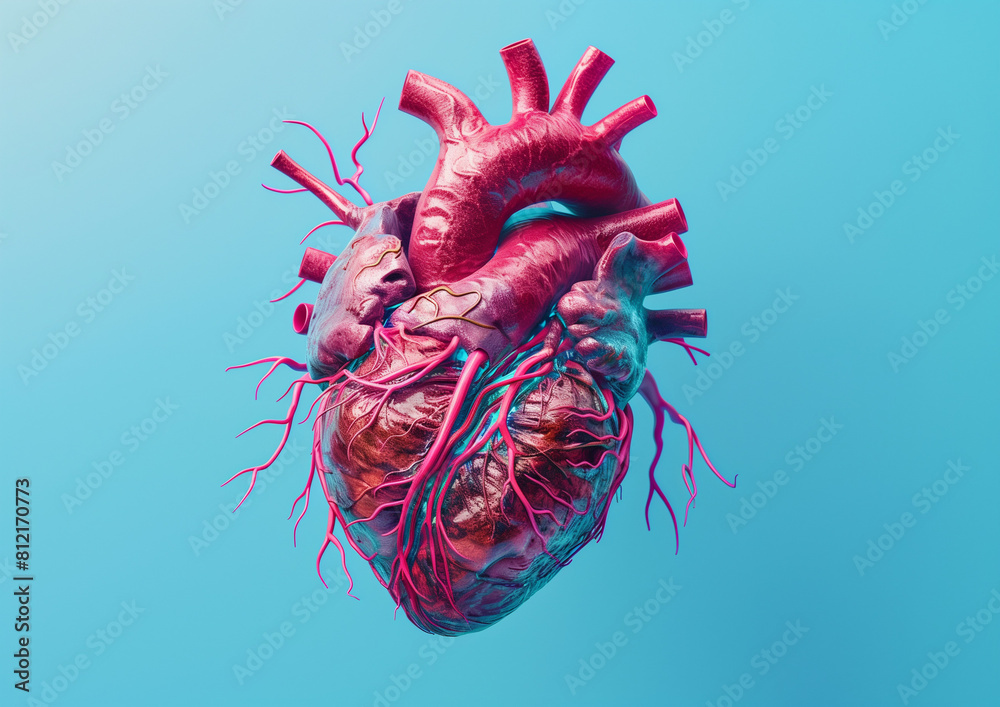 On a blue background there is a stylized human heart with veins ...