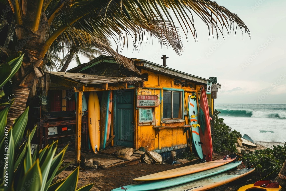 Surfer's beach shack with surfboards strewn all around, Surfer's beach ...