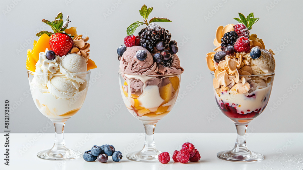 Three decadent ice cream sundaes presented on a sleek black platter ...