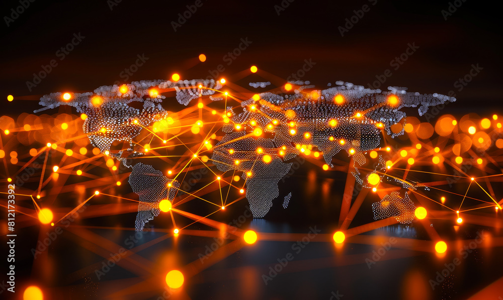 Global Connectivity Illuminated: Orange Mesh Network Lines and Dots ...